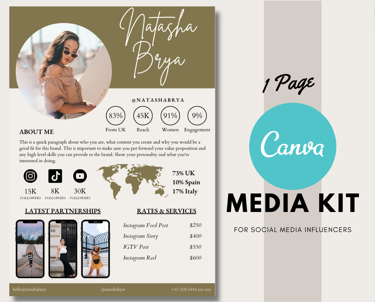 Influencer Media Kit Canva Template| Instagram Blogger | Youtube and ...