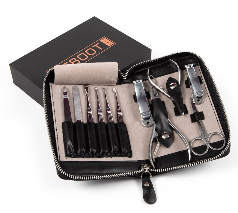 Manicure Grooming Kit for Men 11 Piece Stainless Steel Set in Leather ...