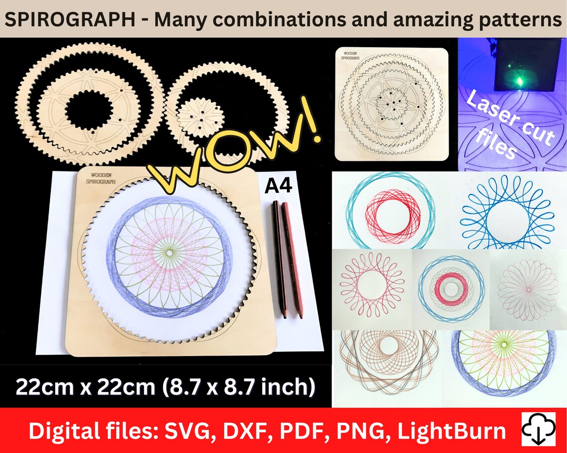 Wooden Spirograph. Many Combinations and Patterns. Digital Files Designed for Laser Cutting ...