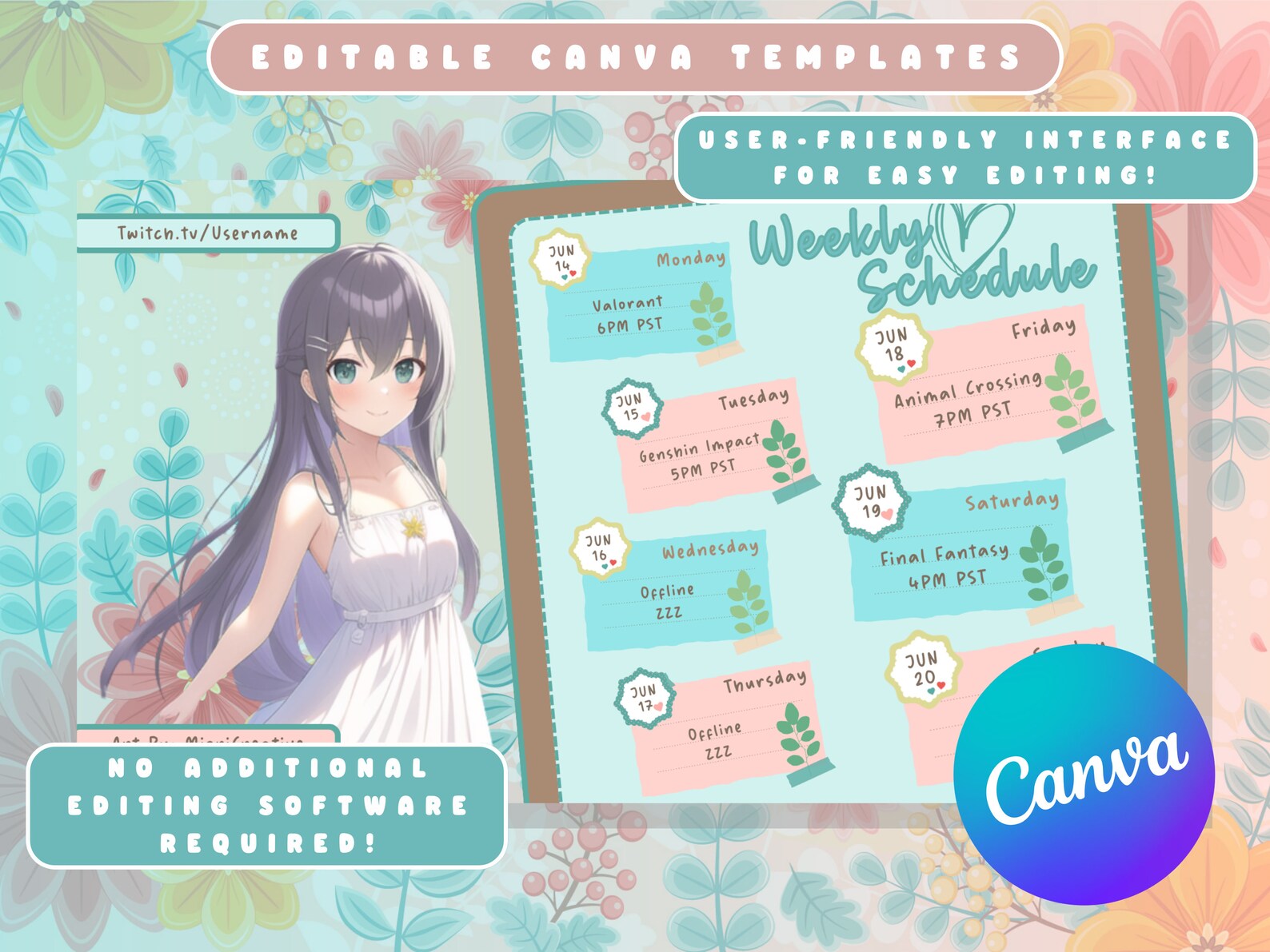 Summer Vtuber Schedule Teal Twitch Stream Schedule Template - Etsy