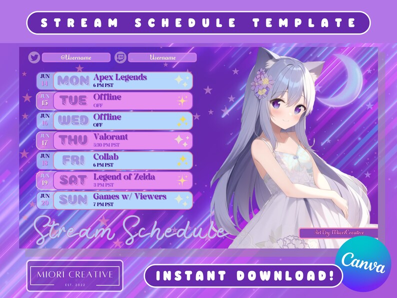 Magical Girl Vtuber Stream Schedule Template: Purple Moon Design (canva ...
