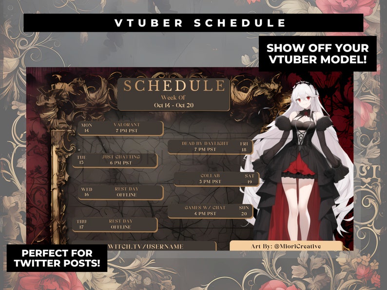 Spooky Gothic Vtuber Stream Schedule Template (canva Editable, Digital ...