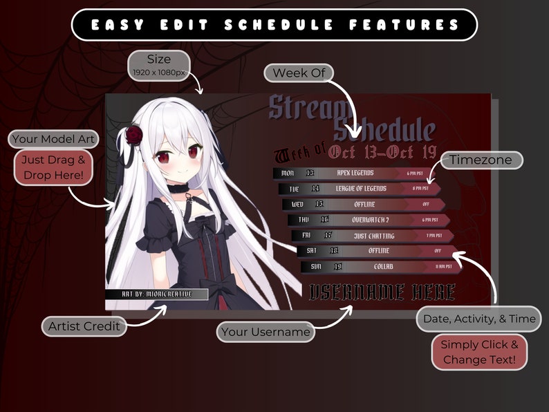 Gothic Vtuber Schedule Template Dark Stream Schedule Black - Etsy