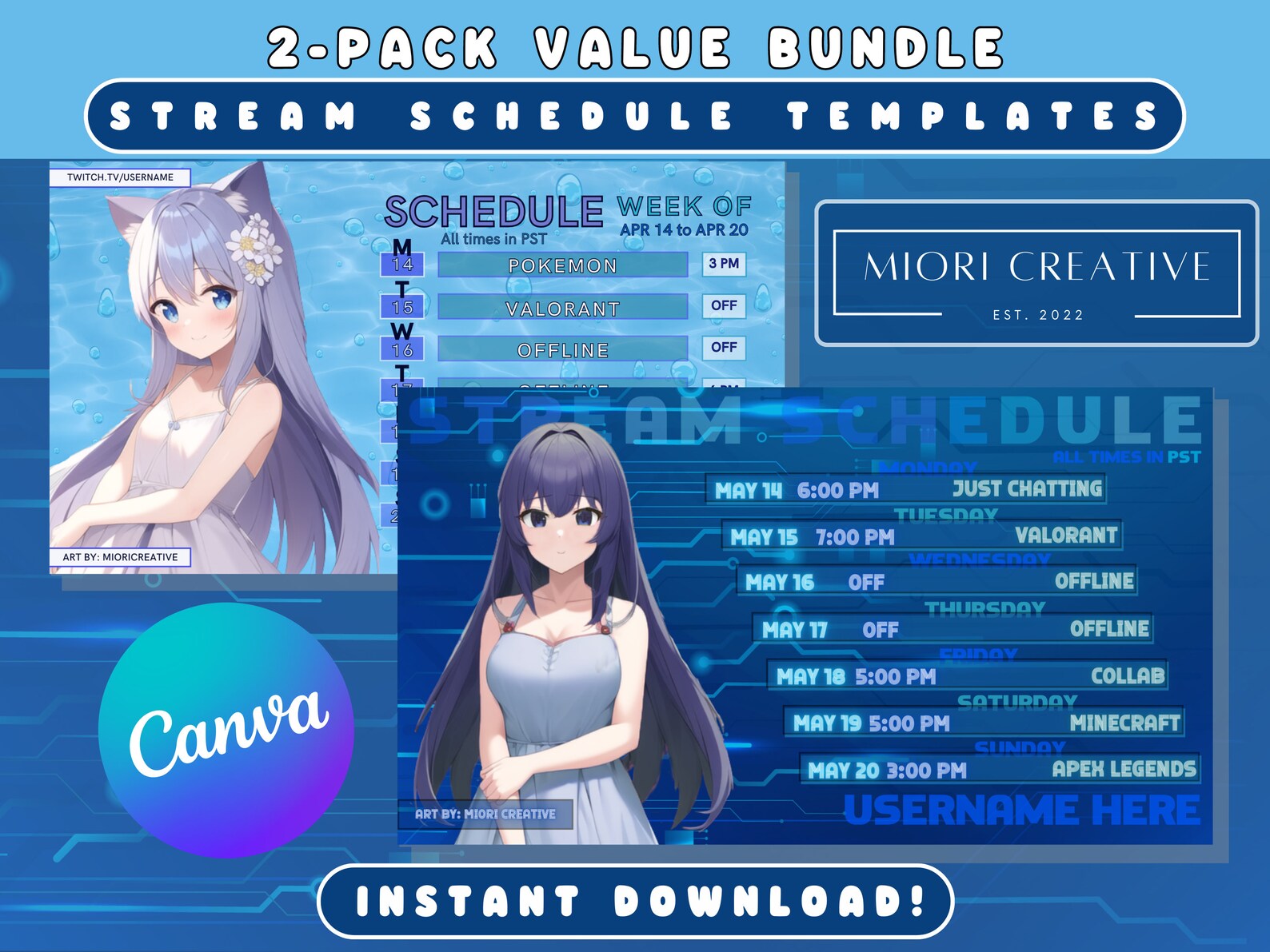 2-pack Blue Vtuber Schedule Template Twitch Stream Schedule Cyan Vtuber ...