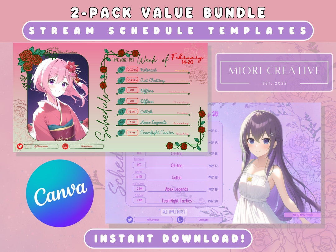 2-pack Rose Vtuber Schedule Template Pink Vtubers Stream Schedule ...