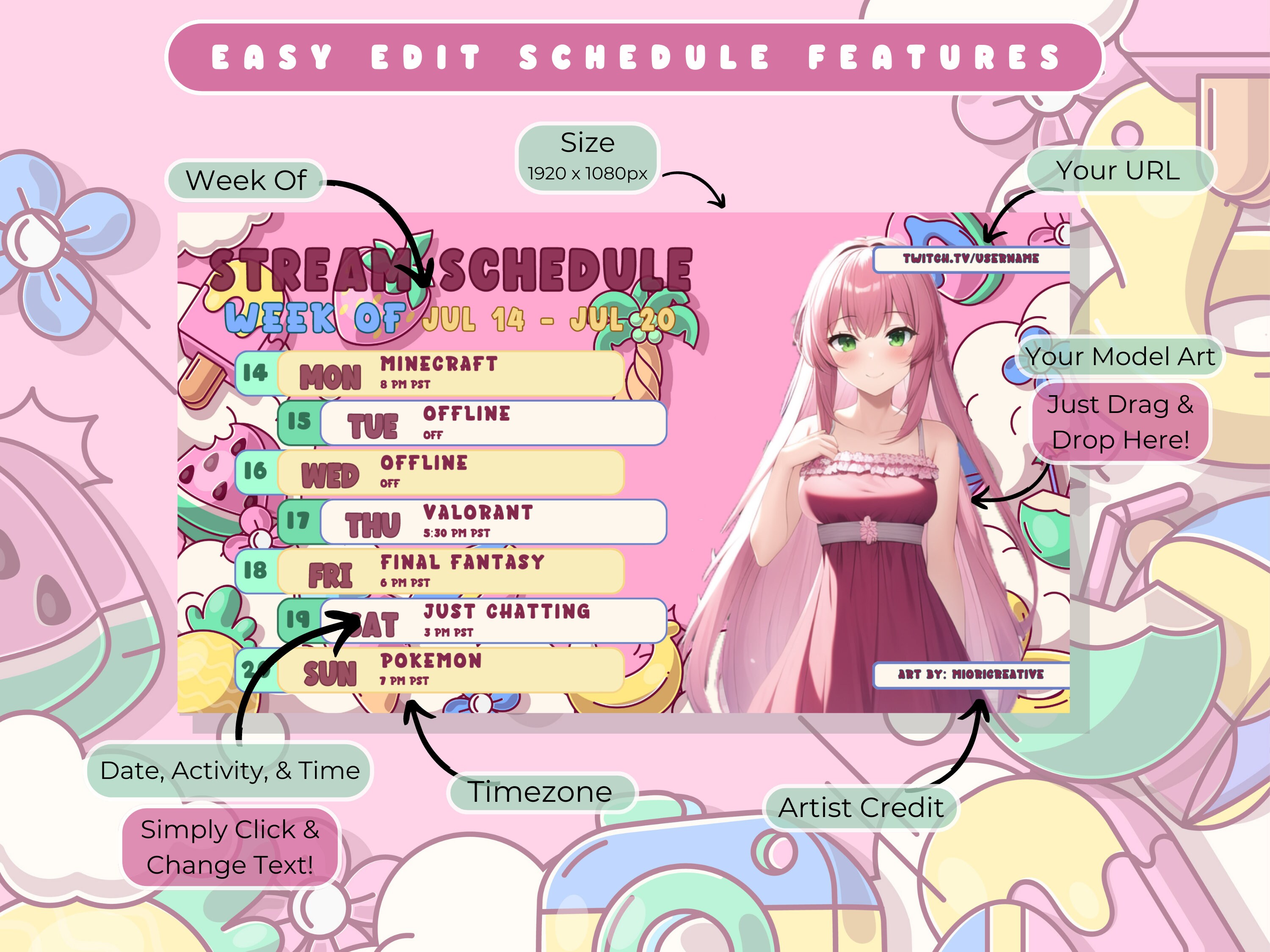Summer Stream Schedule Template Vtuber Schedule Cute Vtuber - Etsy