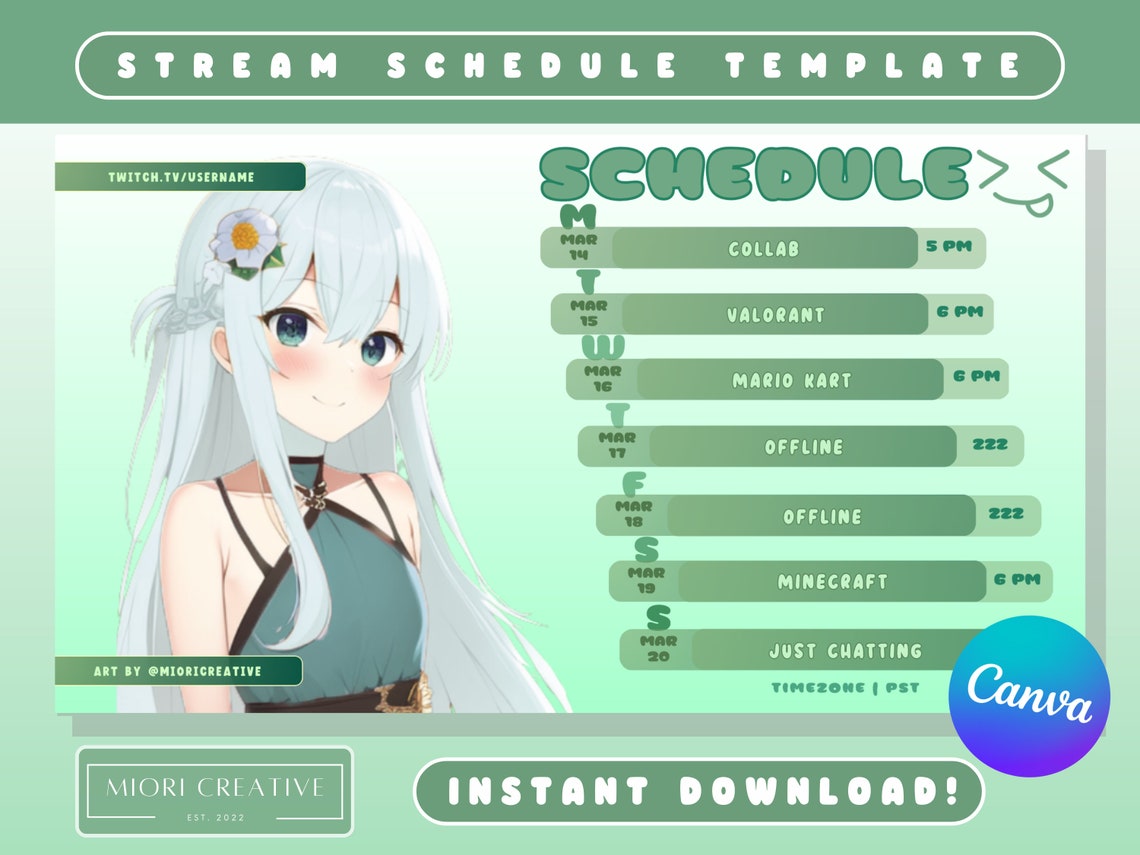 Vtuber Schedule Template Twitch Schedule Green Vtuber Stream - Etsy Canada