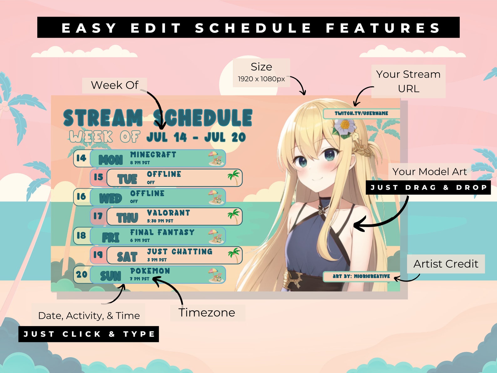 Beach Vtuber Assets Summer Twitch Stream Schedule Vtuber - Etsy