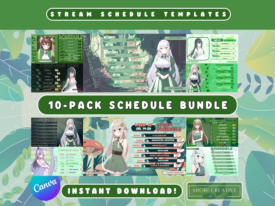 Green 10-pack Vtuber Stream Schedule Bundle Twitch Schedule Template Youtube Streamer Asset ...