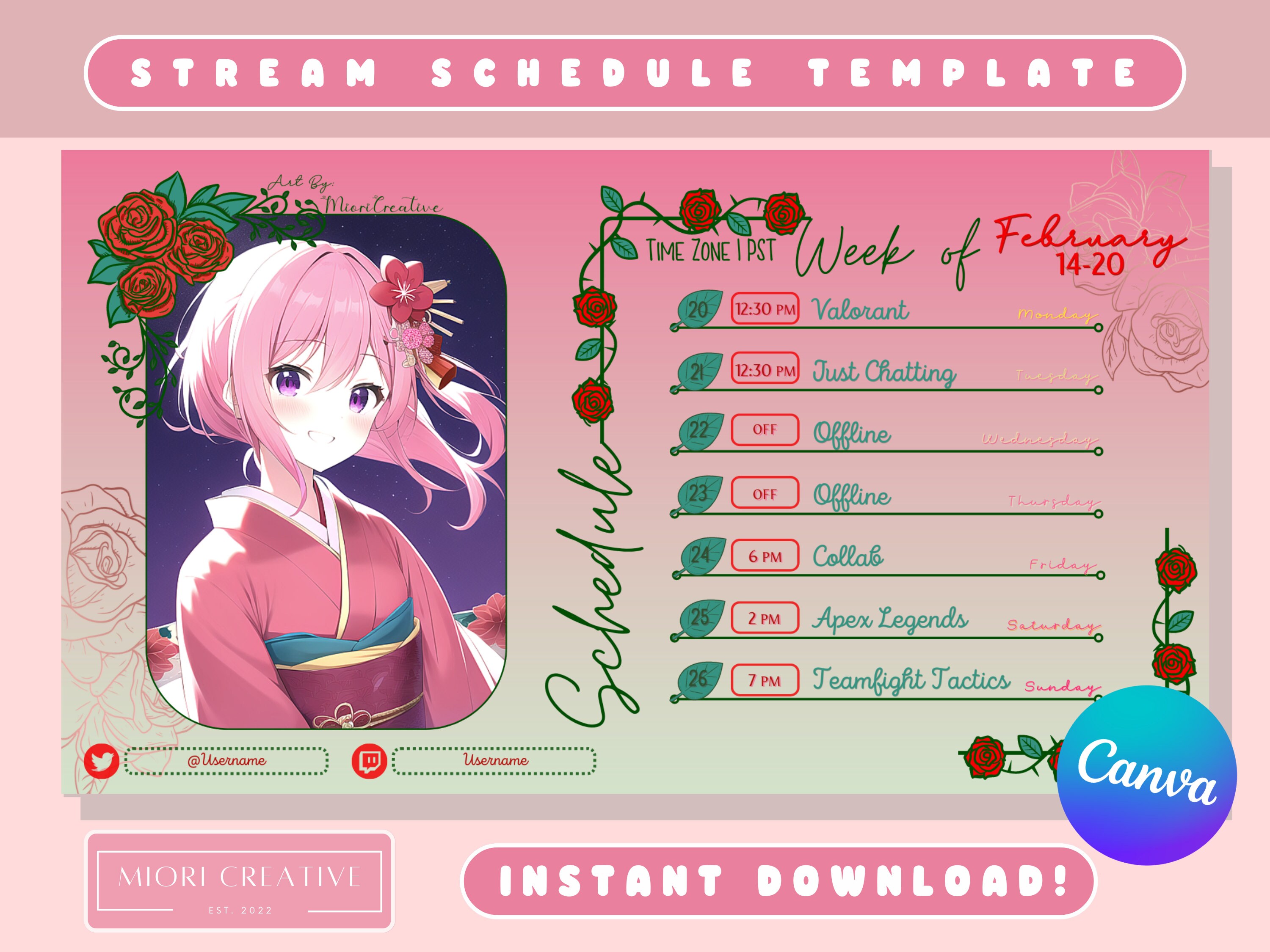 Rose Vtuber Schedule Template Stream Schedule Vtubers Stream - Etsy