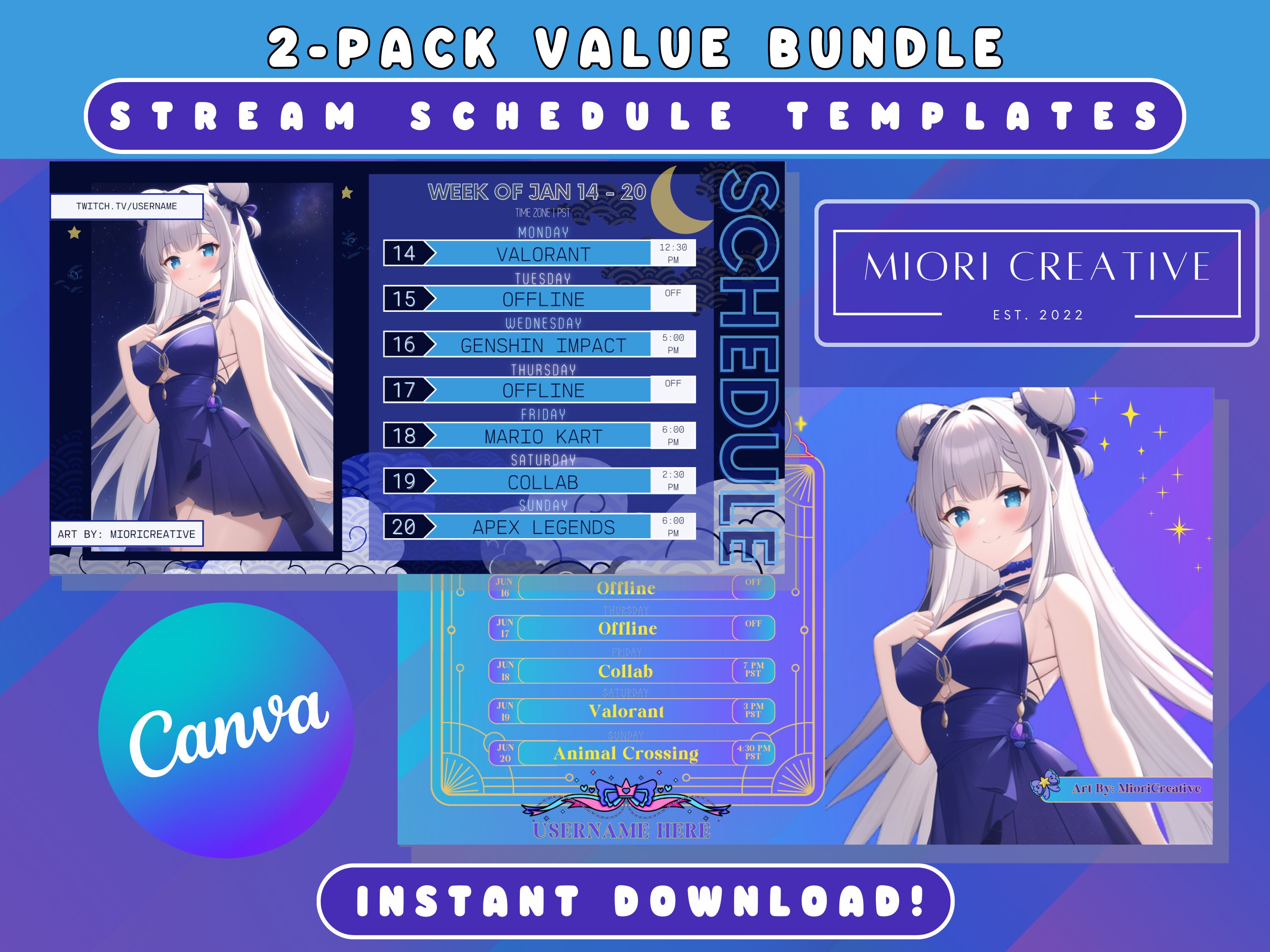 2-pack Vtuber Schedule Twitch Stream Schedule Template Blue Vtuber ...