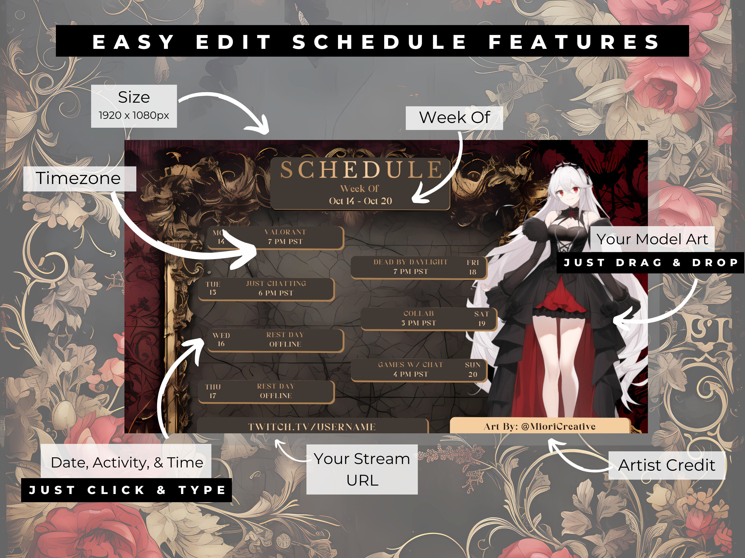Spooky Gothic Vtuber Stream Schedule Template (canva Editable, Digital ...