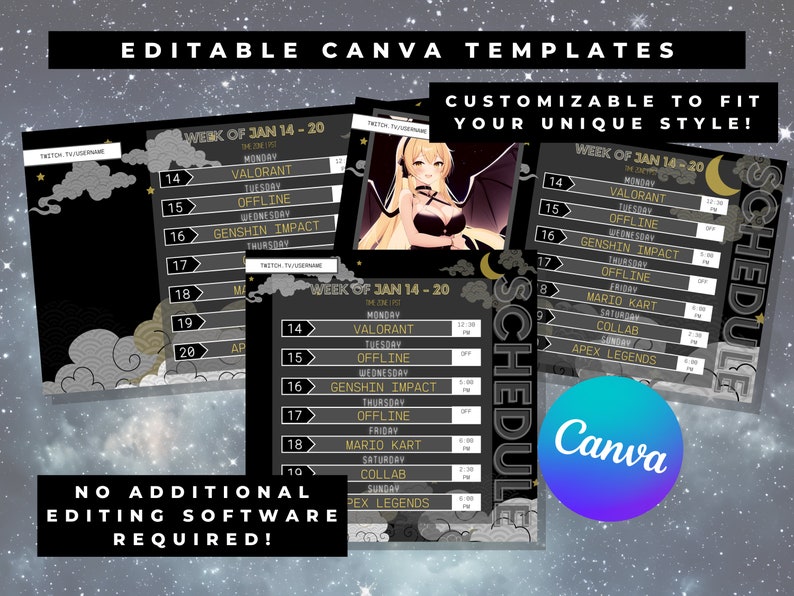 Dark Vtuber Schedule Template Moon Vtuber Twitch Stream Asset Cloud Vtuber Assets Vtuber ...