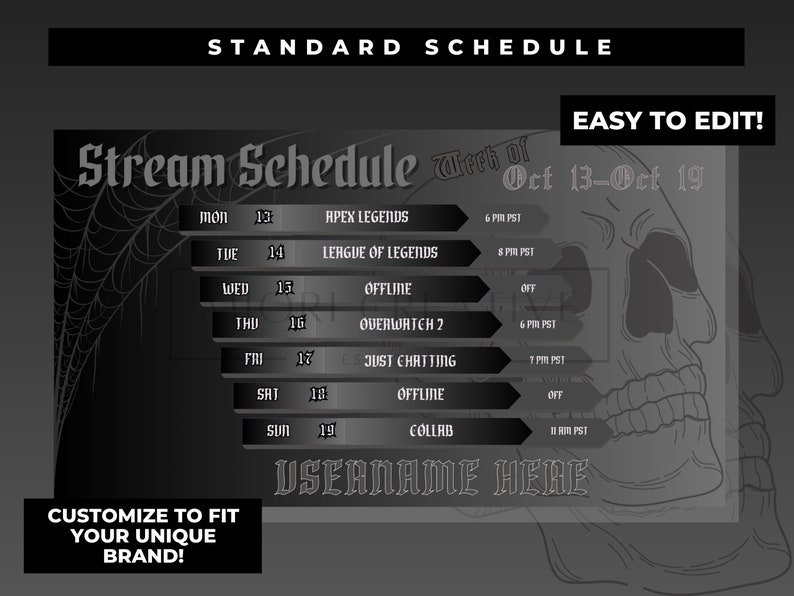Goth Vtuber Schedule Template Dark Twitch Schedule Black - Etsy