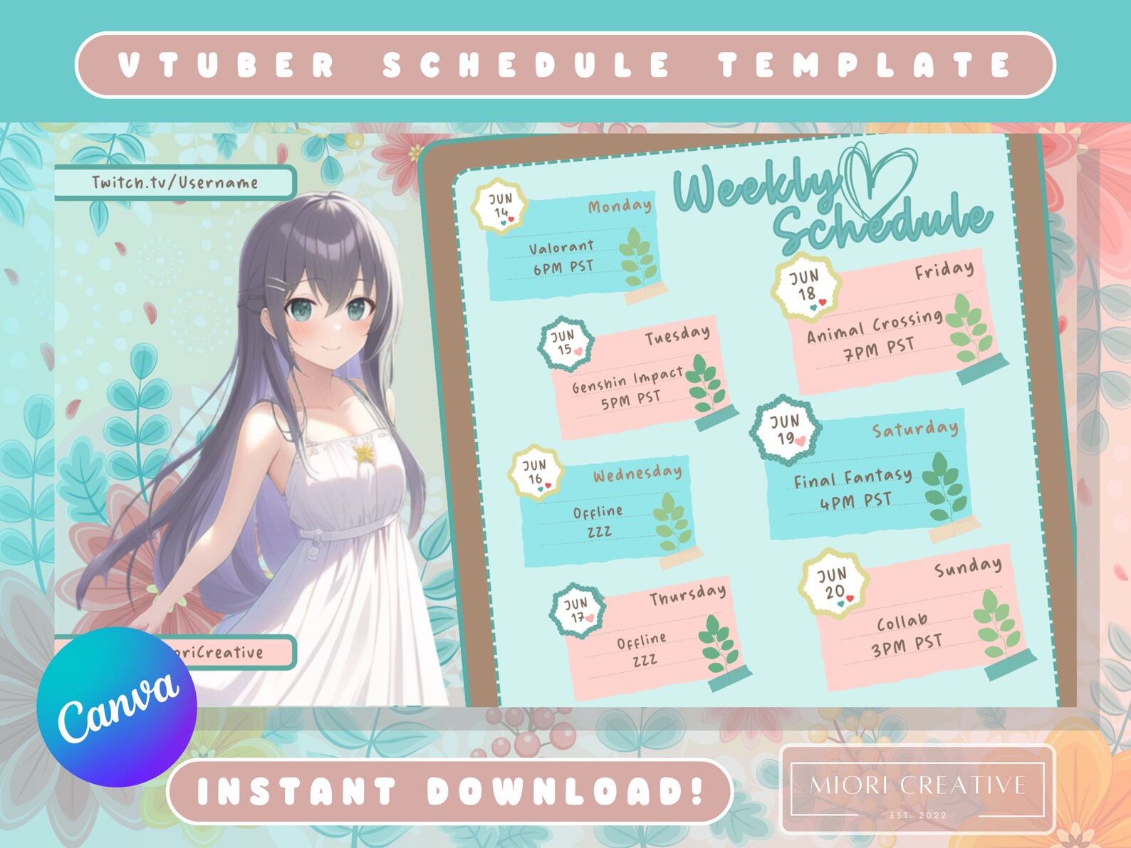 Summer Vtuber Schedule Teal Twitch Stream Schedule Template - Etsy