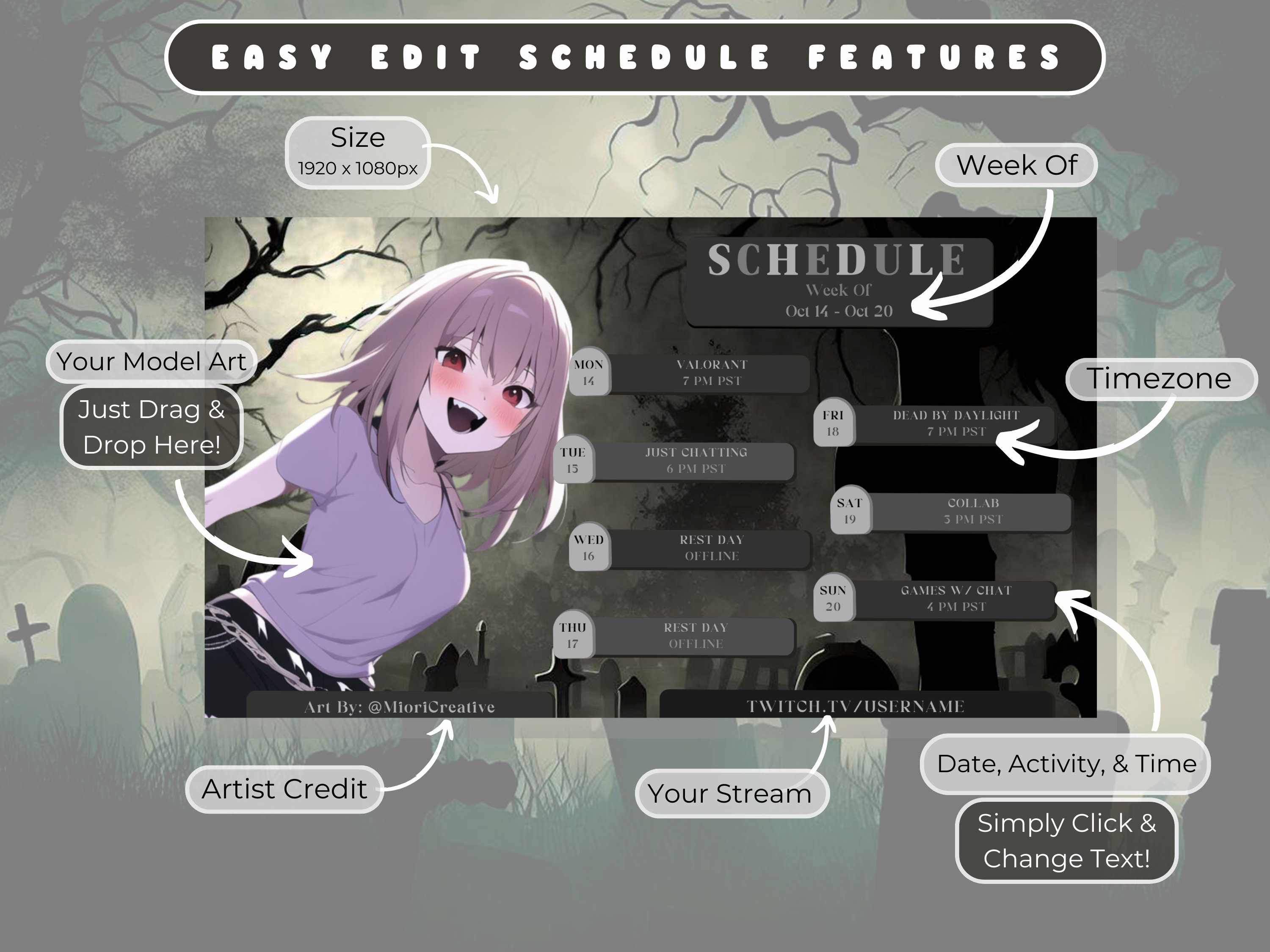 Spooky Gothic Vtuber Twitch/kick Stream Schedule Template (canva & PNG ...