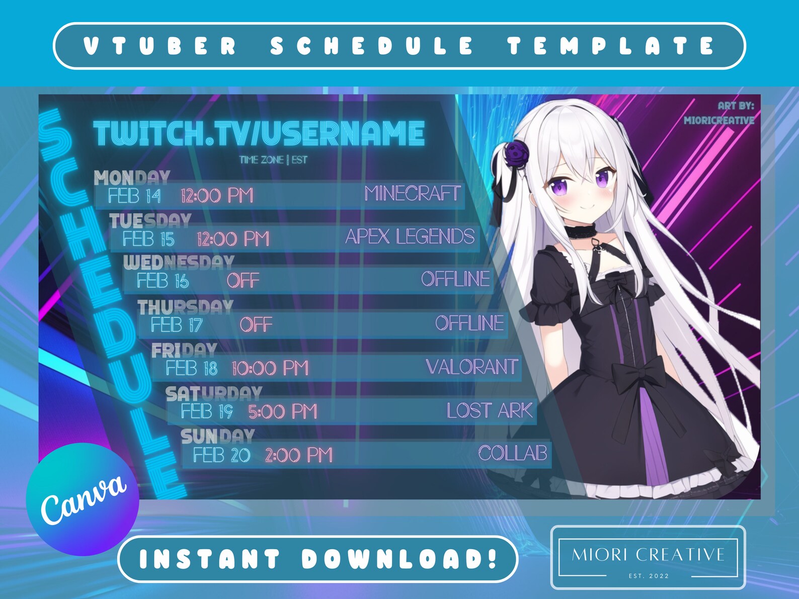 Neon Vtuber Schedule Template Vtuber Schedule Purple Twitch - Etsy