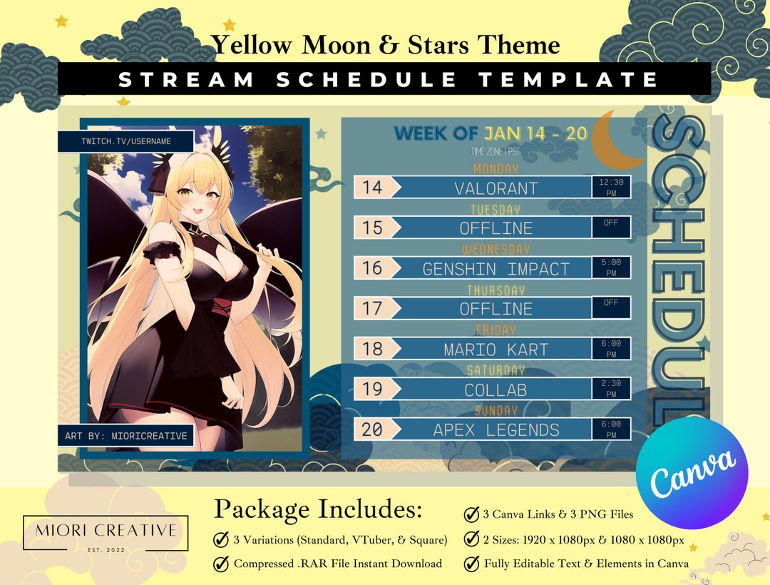 Moon Vtuber Schedule Template, Yellow Star Vtuber Schedule, Cloud ...