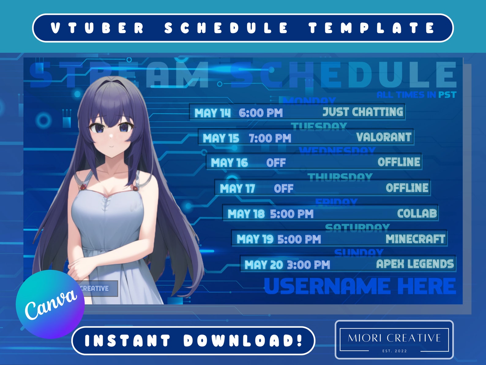 Blue Vtuber Schedule Template Twitch Stream Schedule Pngtuber Schedule ...
