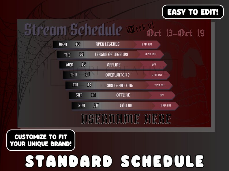 Gothic Vtuber Schedule Template Dark Stream Schedule Black - Etsy