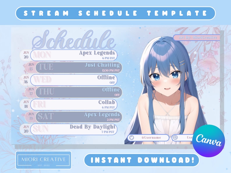 Spring Vtuber Schedule Template Blue Vtuber Stream Schedule Floral ...