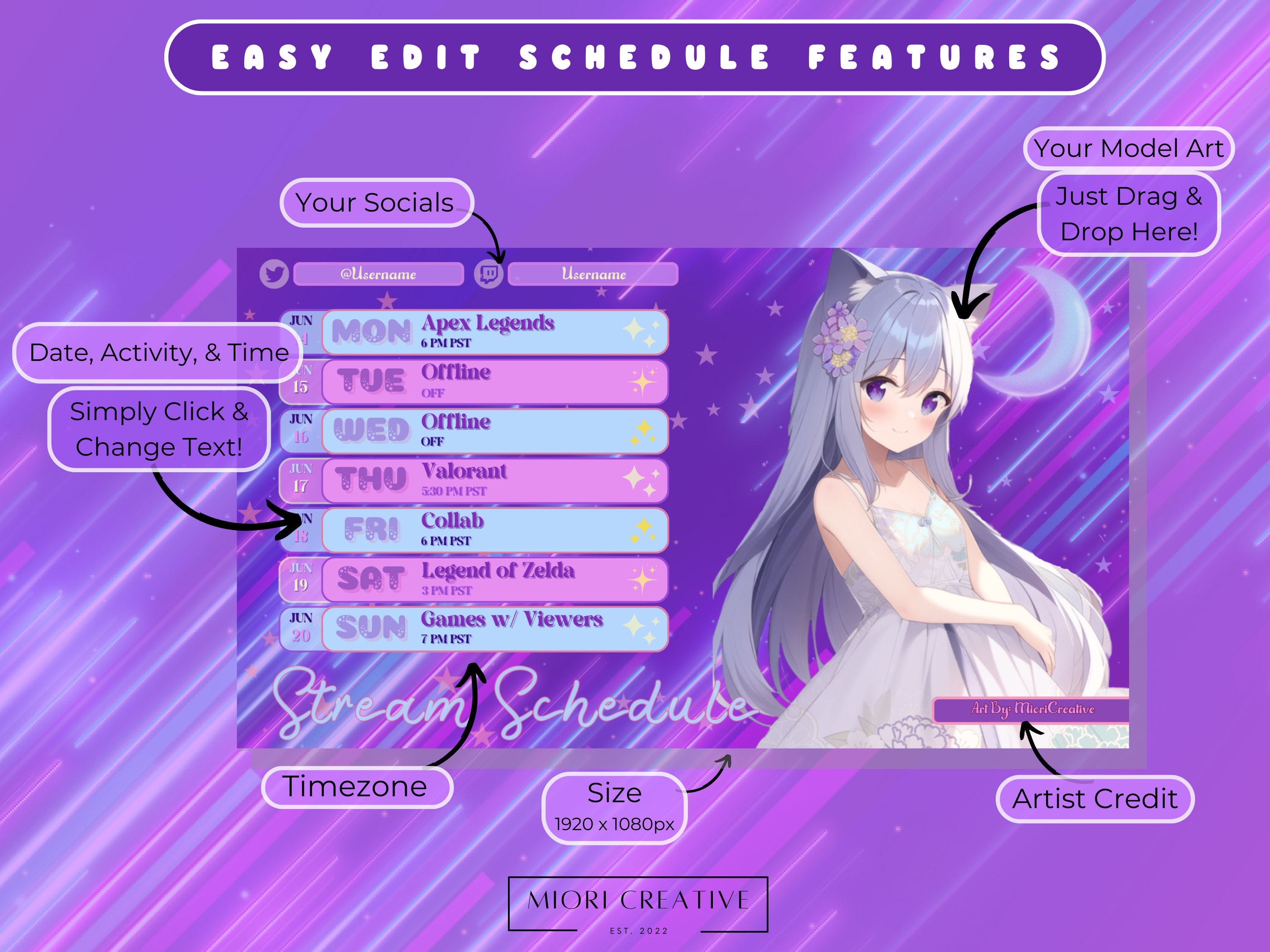 Magical Girl Vtuber Stream Schedule Template: Purple Moon Design (canva ...