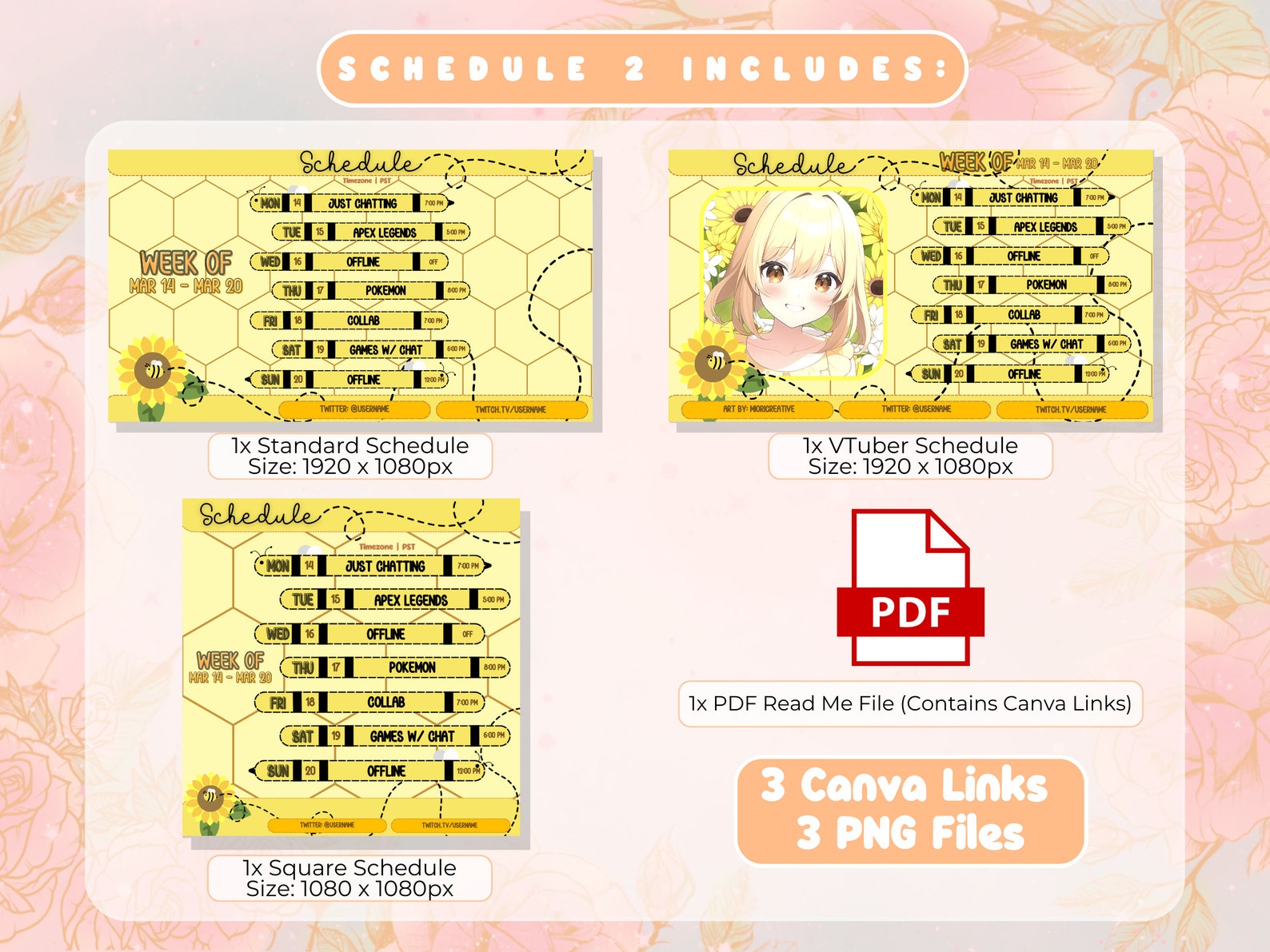 2-pack Spring Vtuber Schedule Template Yellow Vtuber Streaming Schedule ...