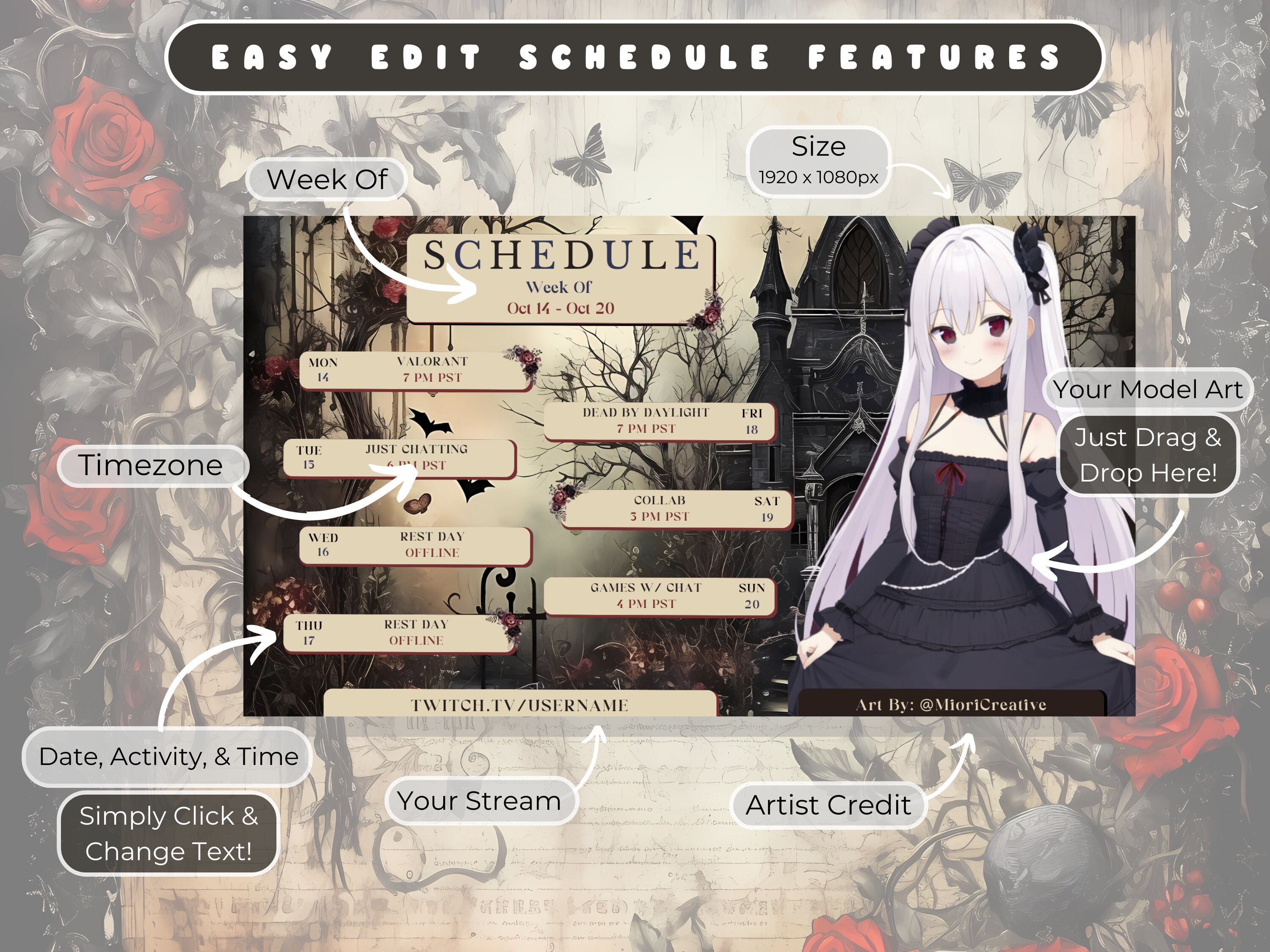 Gothic Vtuber Twitch Schedule Template Dark Vtuber Assets - Etsy