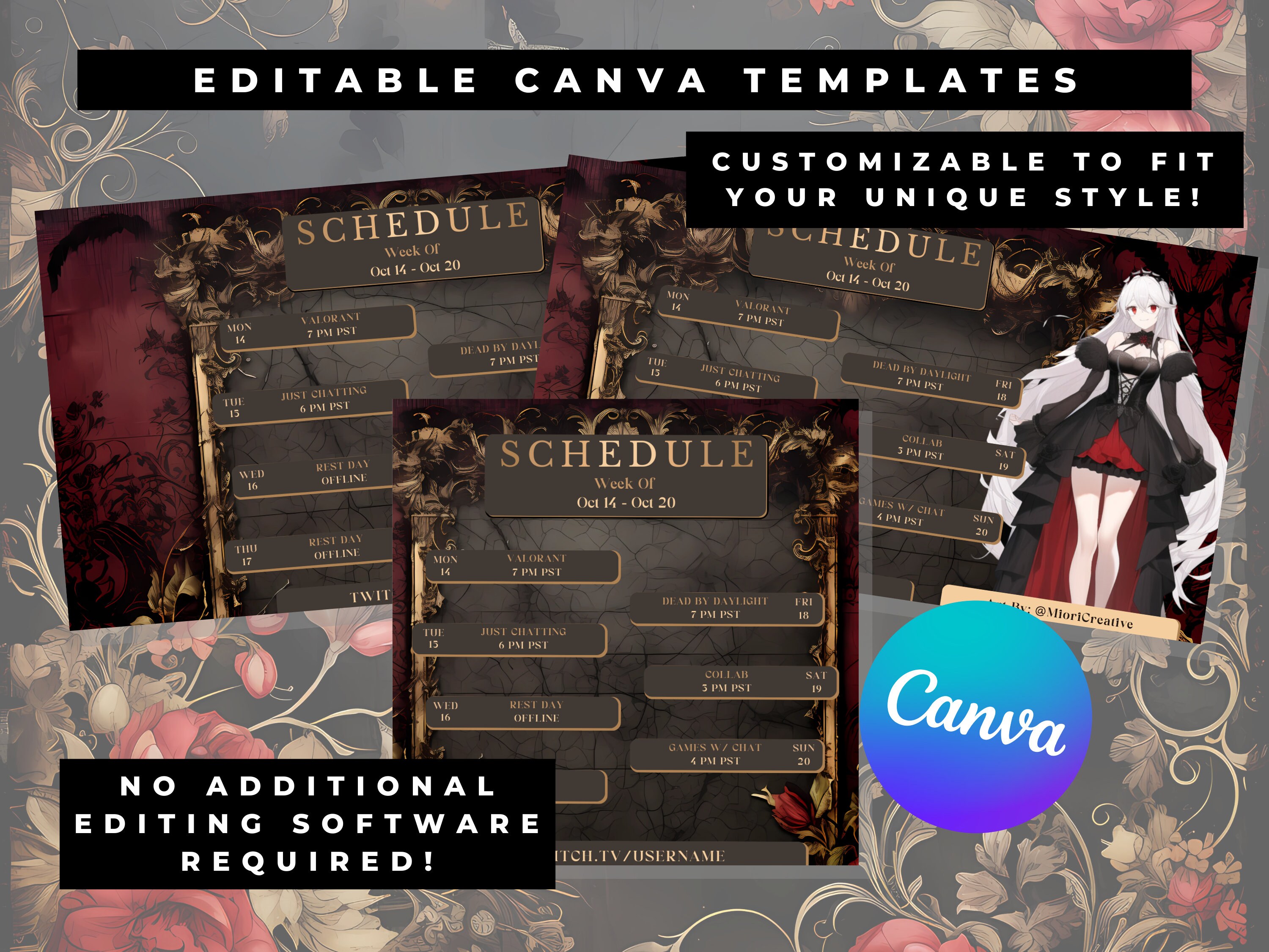 Spooky Gothic Vtuber Stream Schedule Template (canva Editable, Digital ...