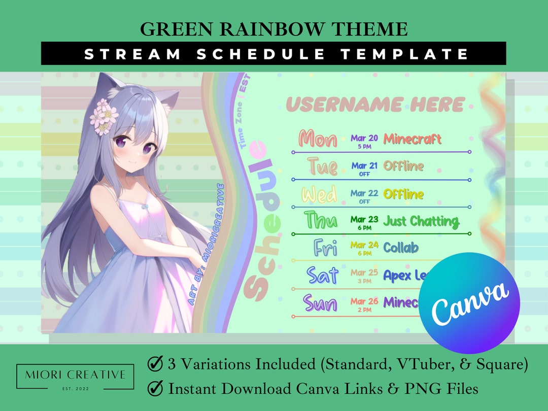 Green Vtuber Schedule Template Rainbow Twitch Schedule Vtuber Stream Schedule Pastel Pngtuber ...