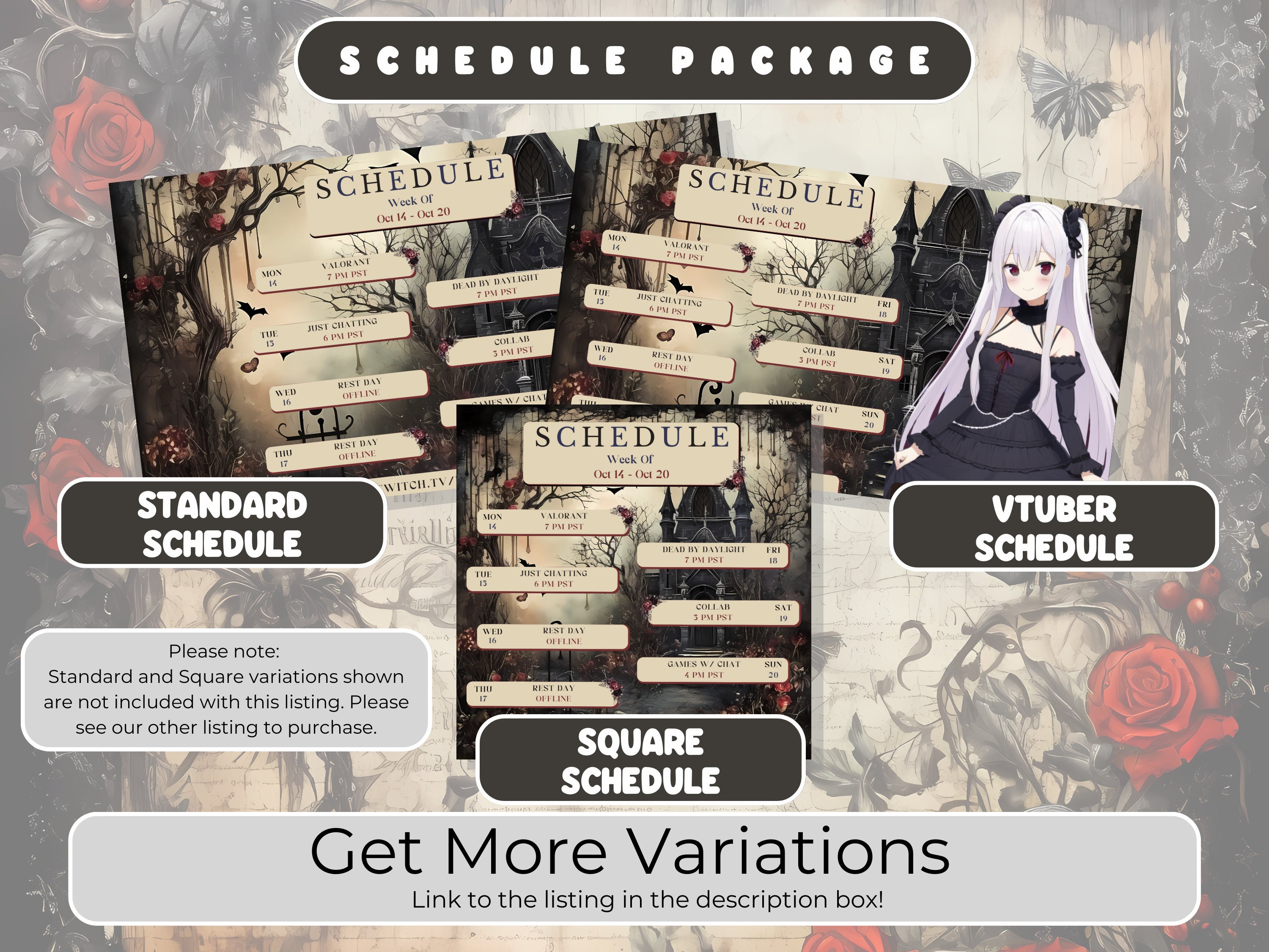Gothic Vtuber Twitch Schedule Template: Spooky Streamer Pack (PNG ...