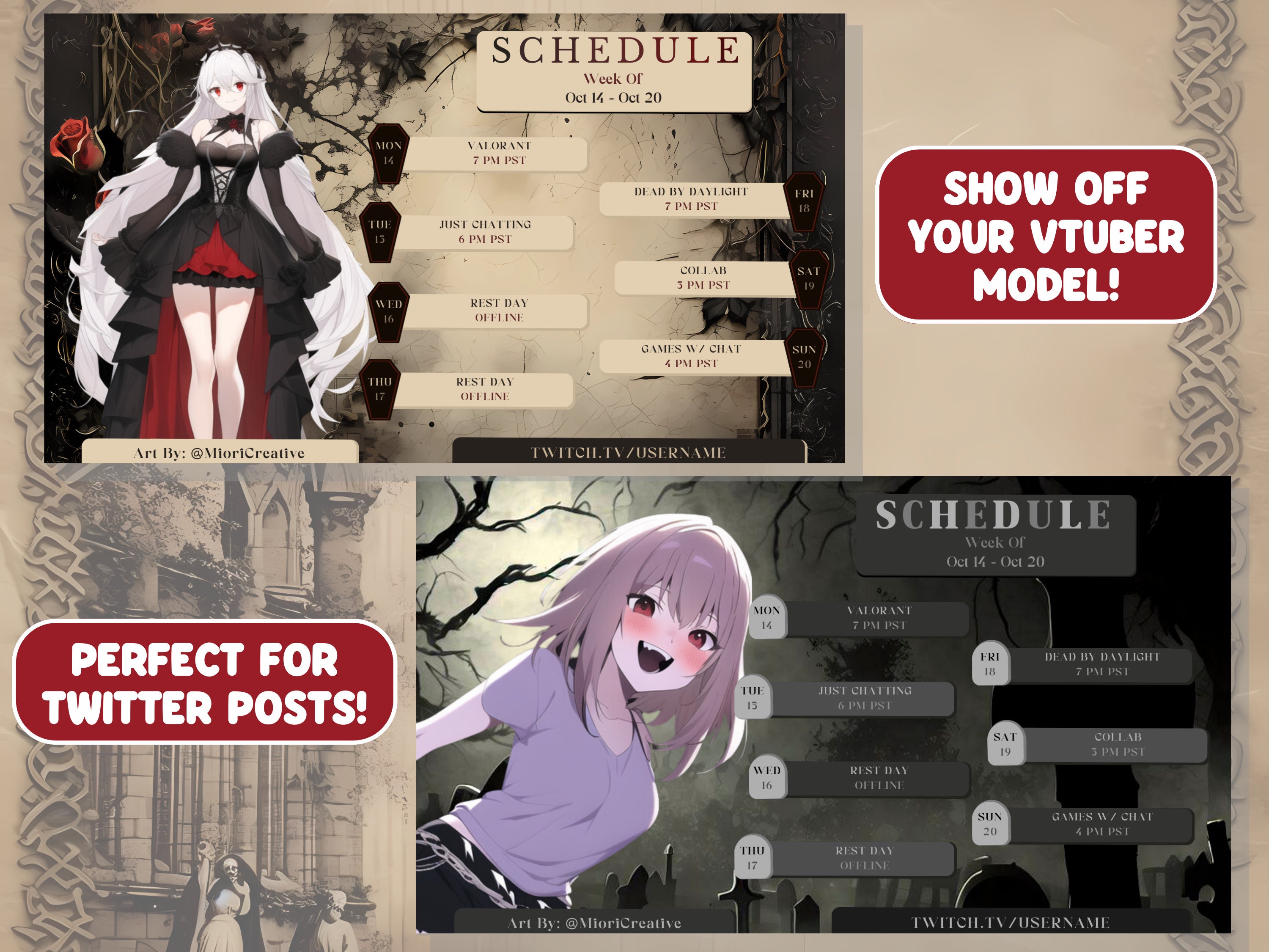 Gothic Vtuber Stream Schedule Bundle Dark Twitch Schedule Template Spooky Streamer Asset Vtuber ...