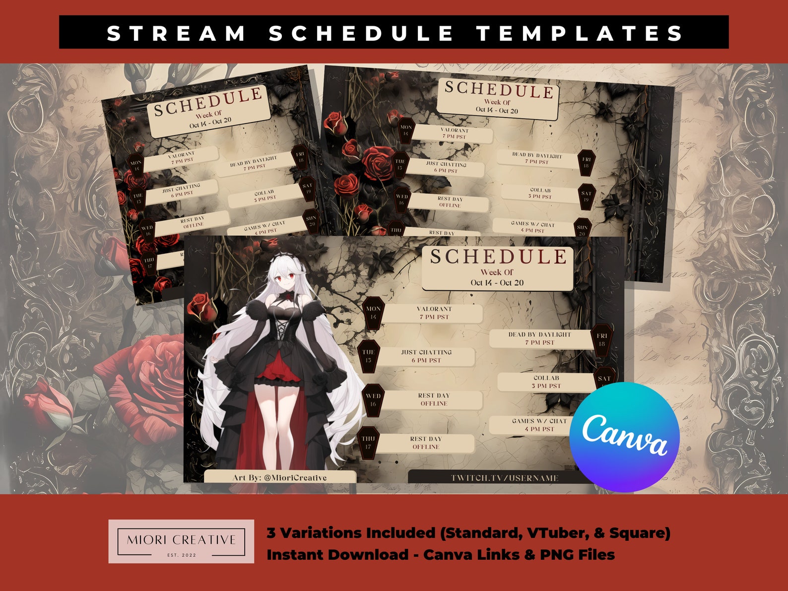 Dark Vtuber Schedule Template Gothic Vtuber Twitch Stream Asset Rose ...