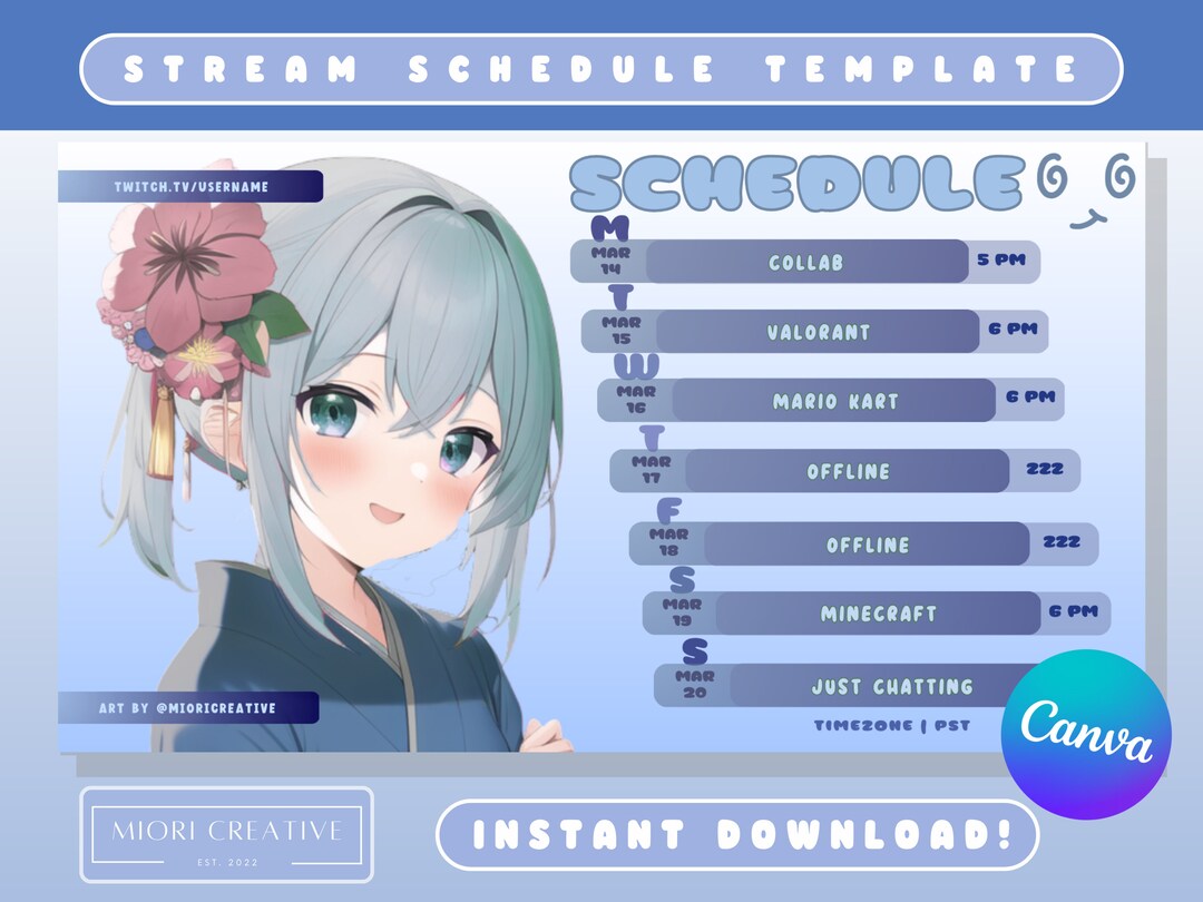 Vtuber Schedule Vtuber Stream Schedule Blue Twitch Schedule - Etsy