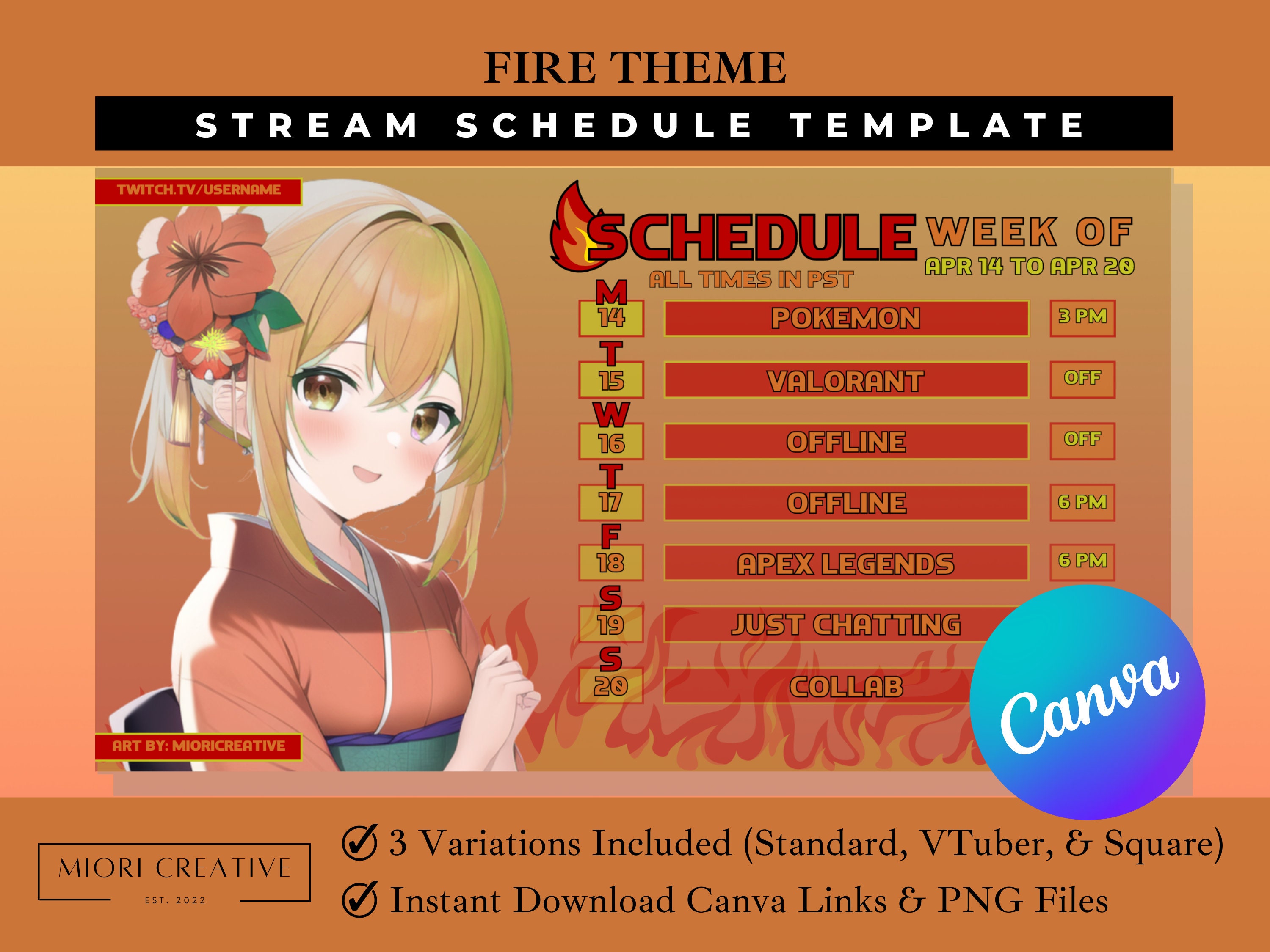 Fire Vtuber Schedule Template Pngtuber Stream Schedules Twitch - Etsy ...