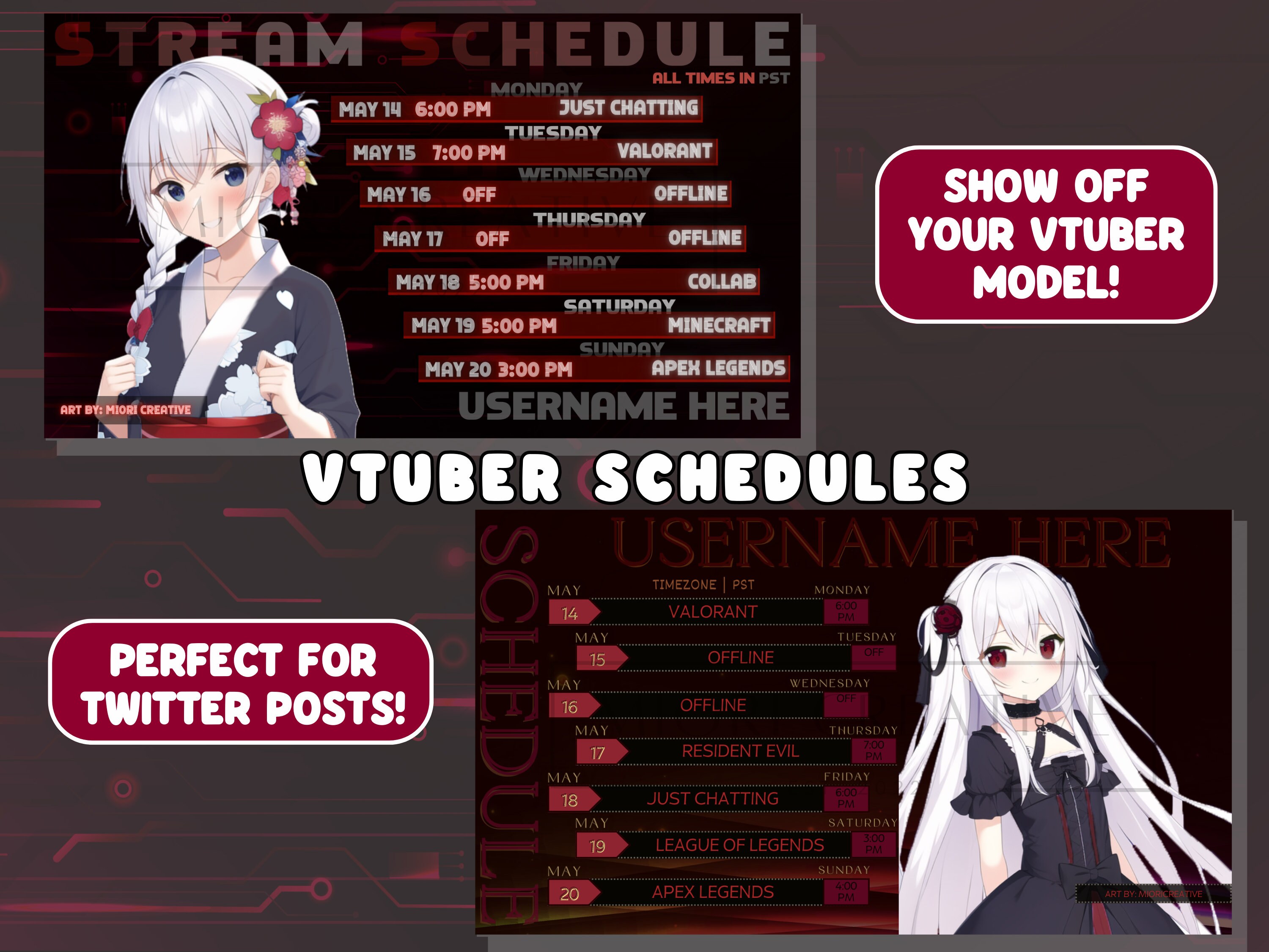 2-pack Red Vtuber Schedule Template Dark Pngtubers Streamer - Etsy