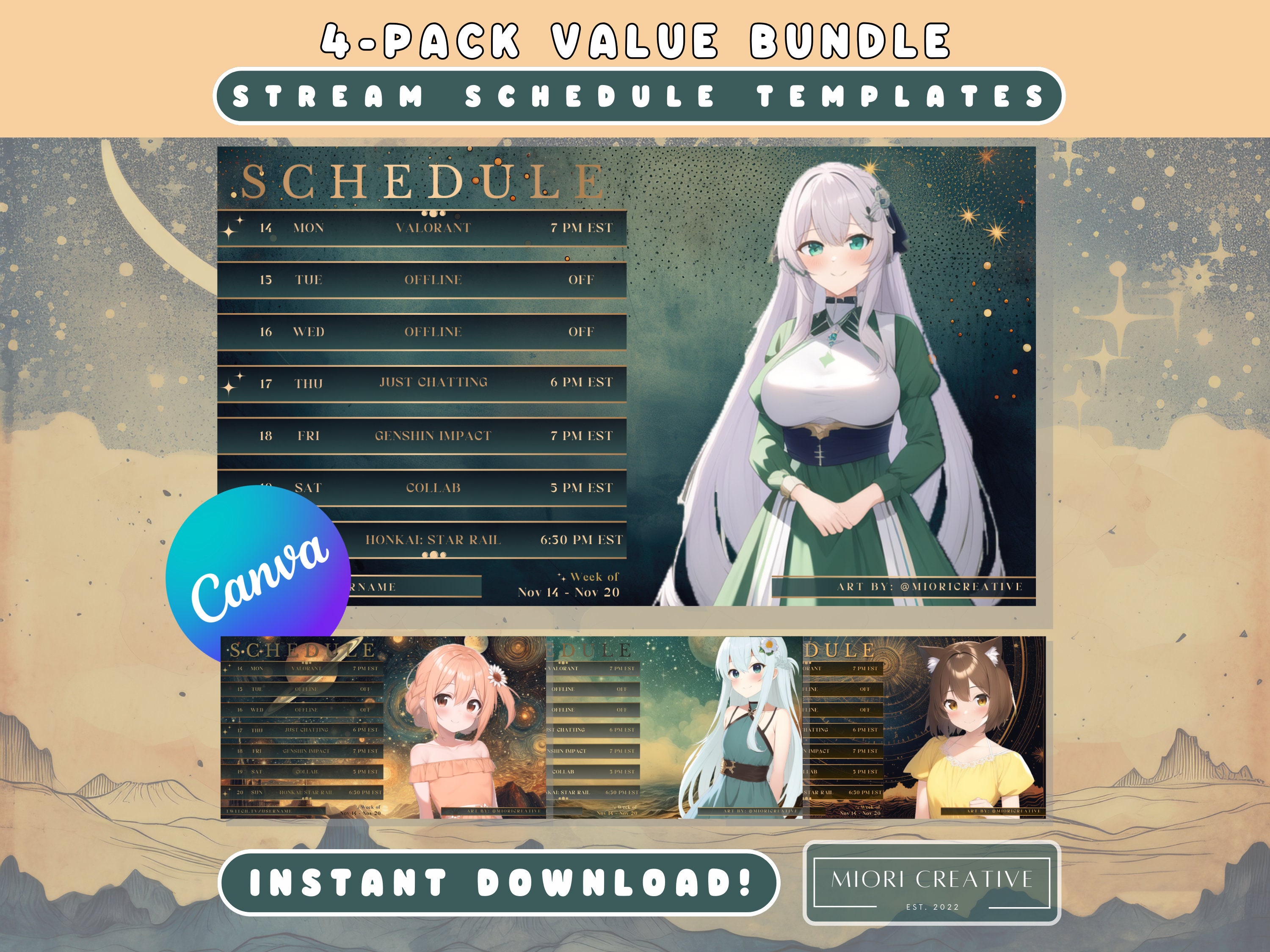 Celestial Vtuber Schedule Bundle Green Twitch Stream Template Gold Streamer Asset Vtubers Kick ...