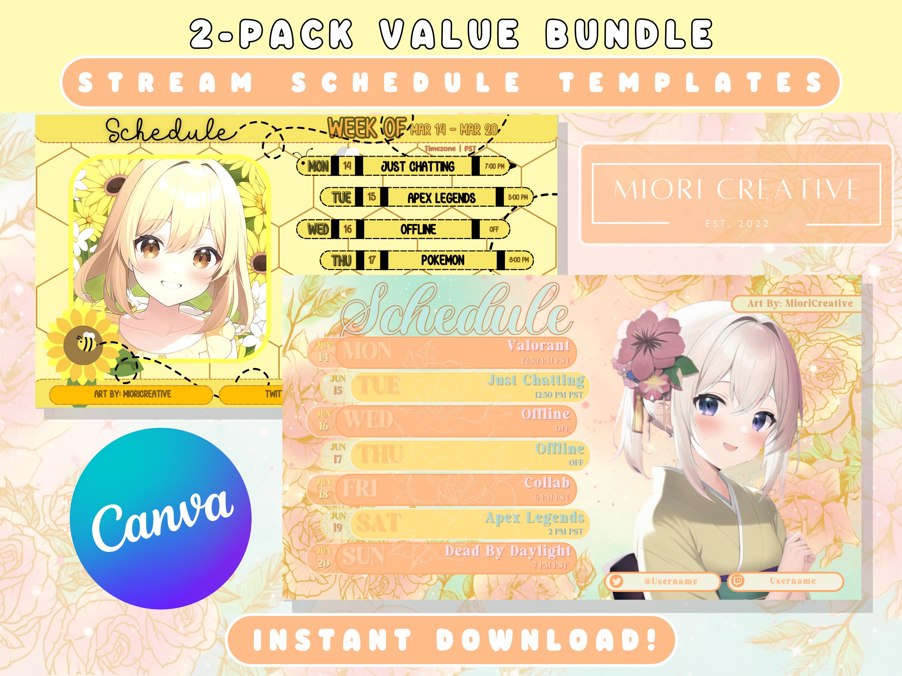 2-pack Spring Vtuber Schedule Template Yellow Vtuber Streaming Schedule ...