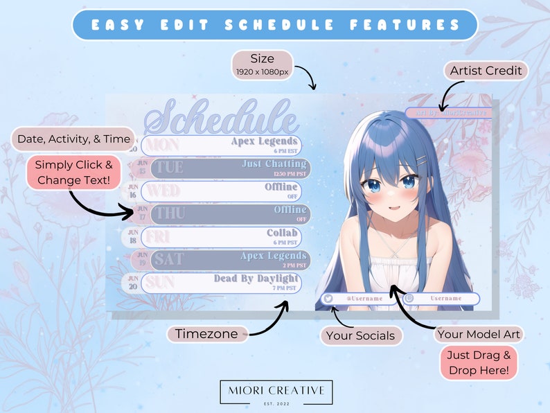 Spring Vtuber Schedule Template Blue Vtuber Stream Schedule - Etsy