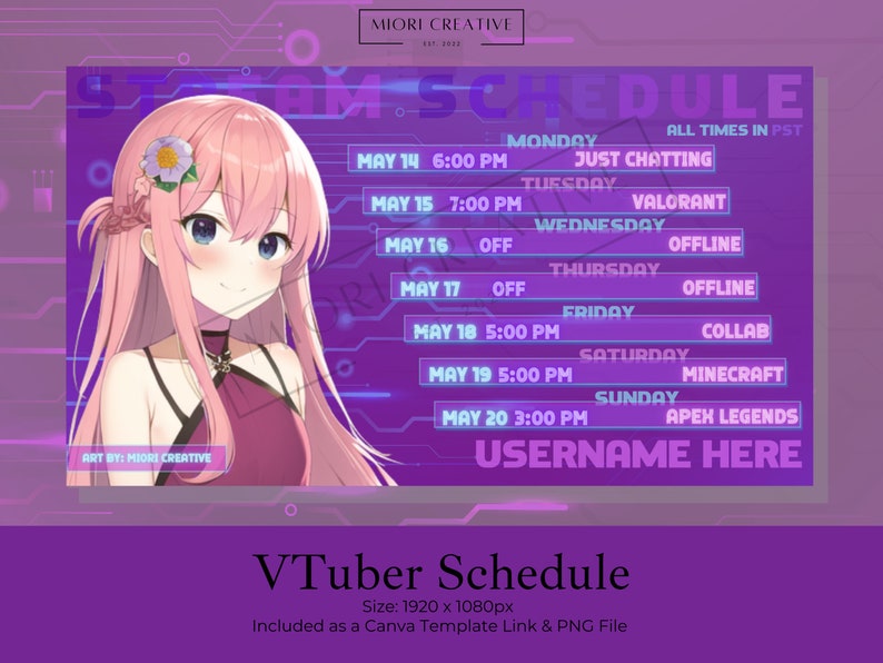 Purple Vtuber Schedule Template Vtuber Stream Schedule Vtubers - Etsy
