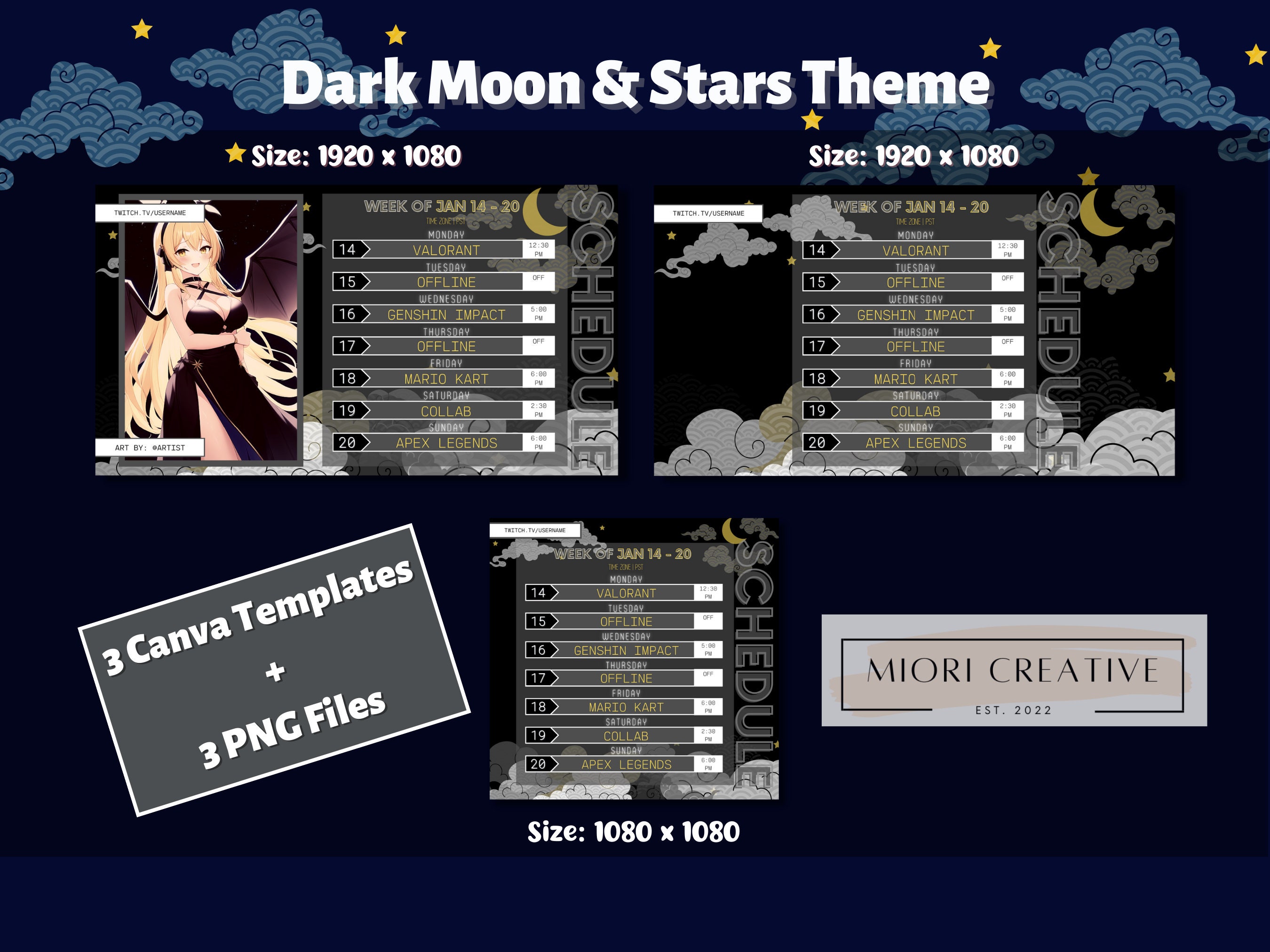 Cute Moon Vtuber Schedule Template Bundle Cloud Stream - Etsy