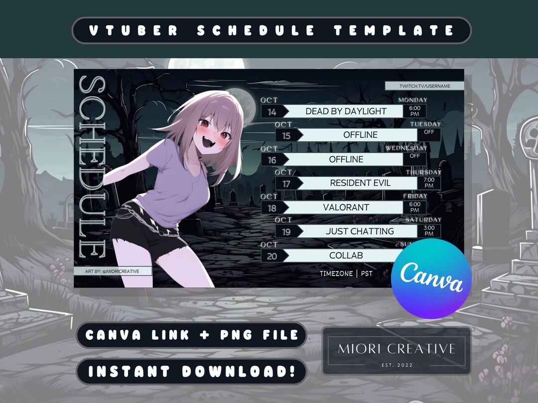 Spooky Vtuber Stream Schedule Template: Gothic Dark Theme (canva & PNG ...