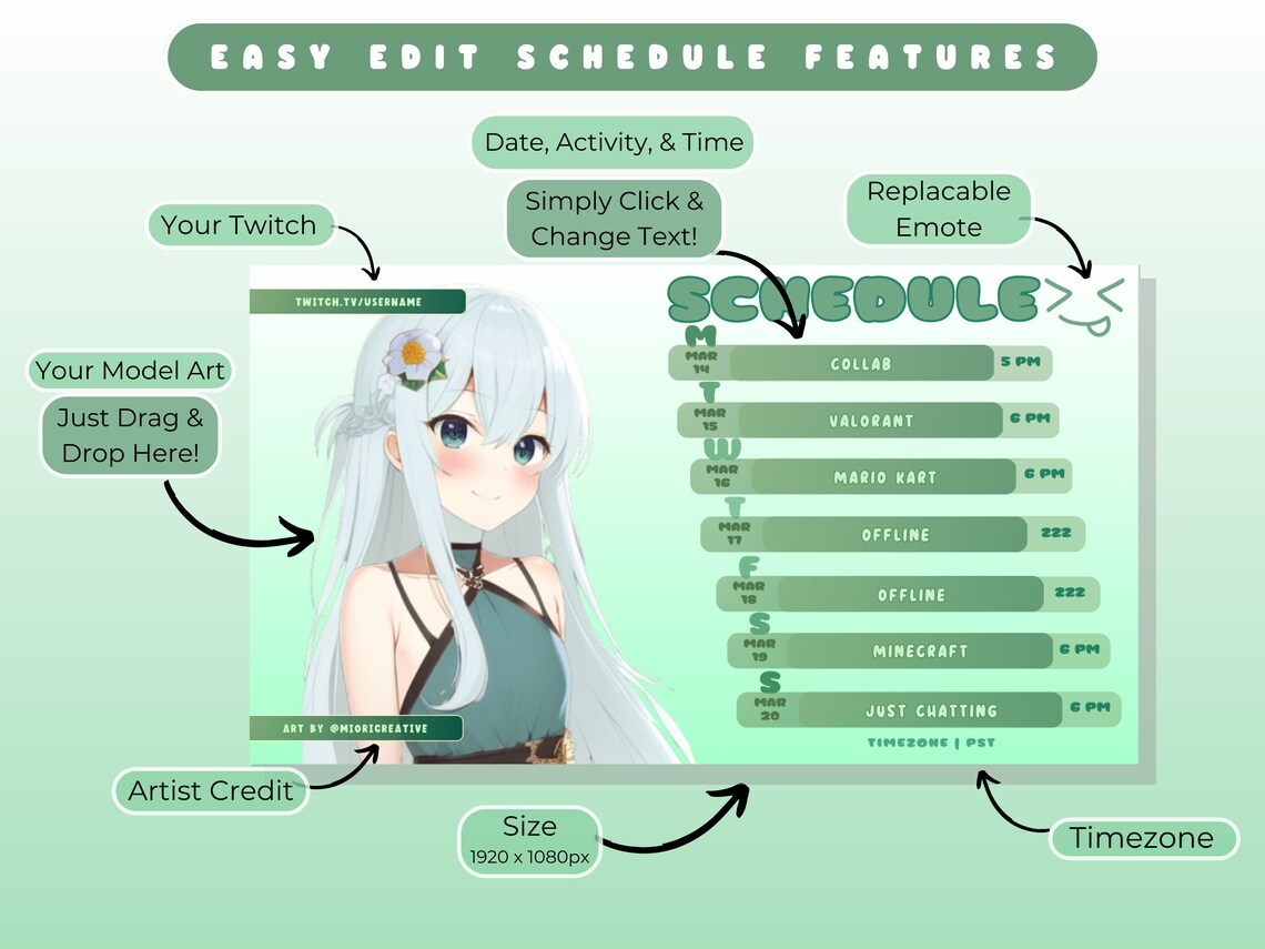 Vtuber Schedule Template Twitch Schedule Green Vtuber Stream - Etsy Canada