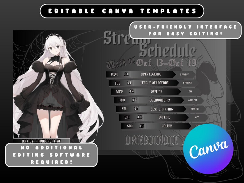 Gothic Vtuber Schedule Goth Twitch Schedule Template Black - Etsy