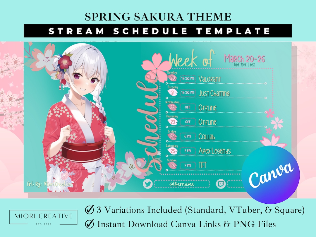 Sakura Vtuber Schedule Template Cherry Blossom Vtuber Stream Schedule Teal Twitch Schedule ...