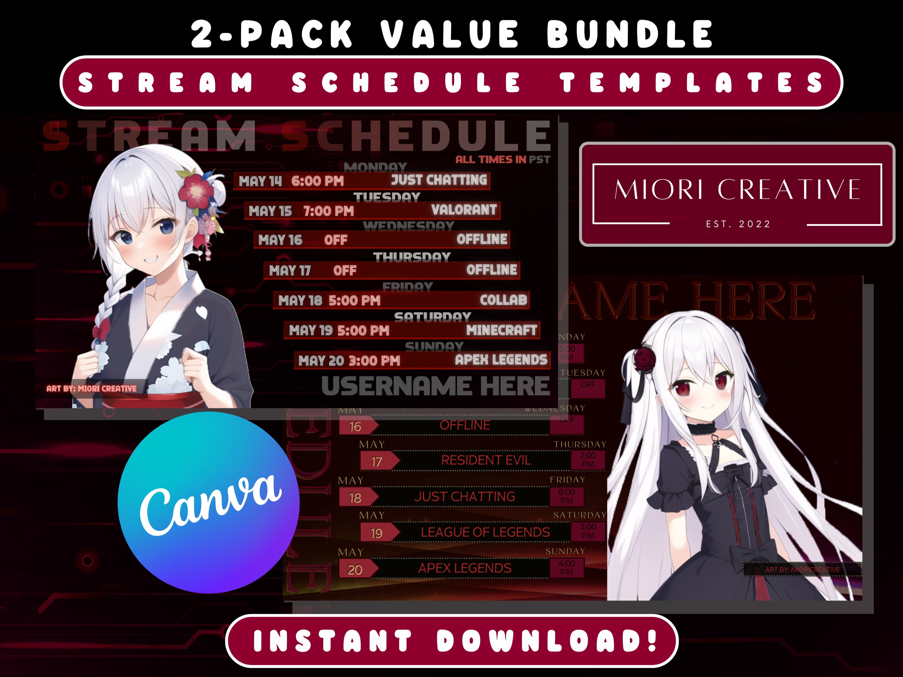 2-pack Red Vtuber Schedule Template Dark Pngtubers Streamer - Etsy