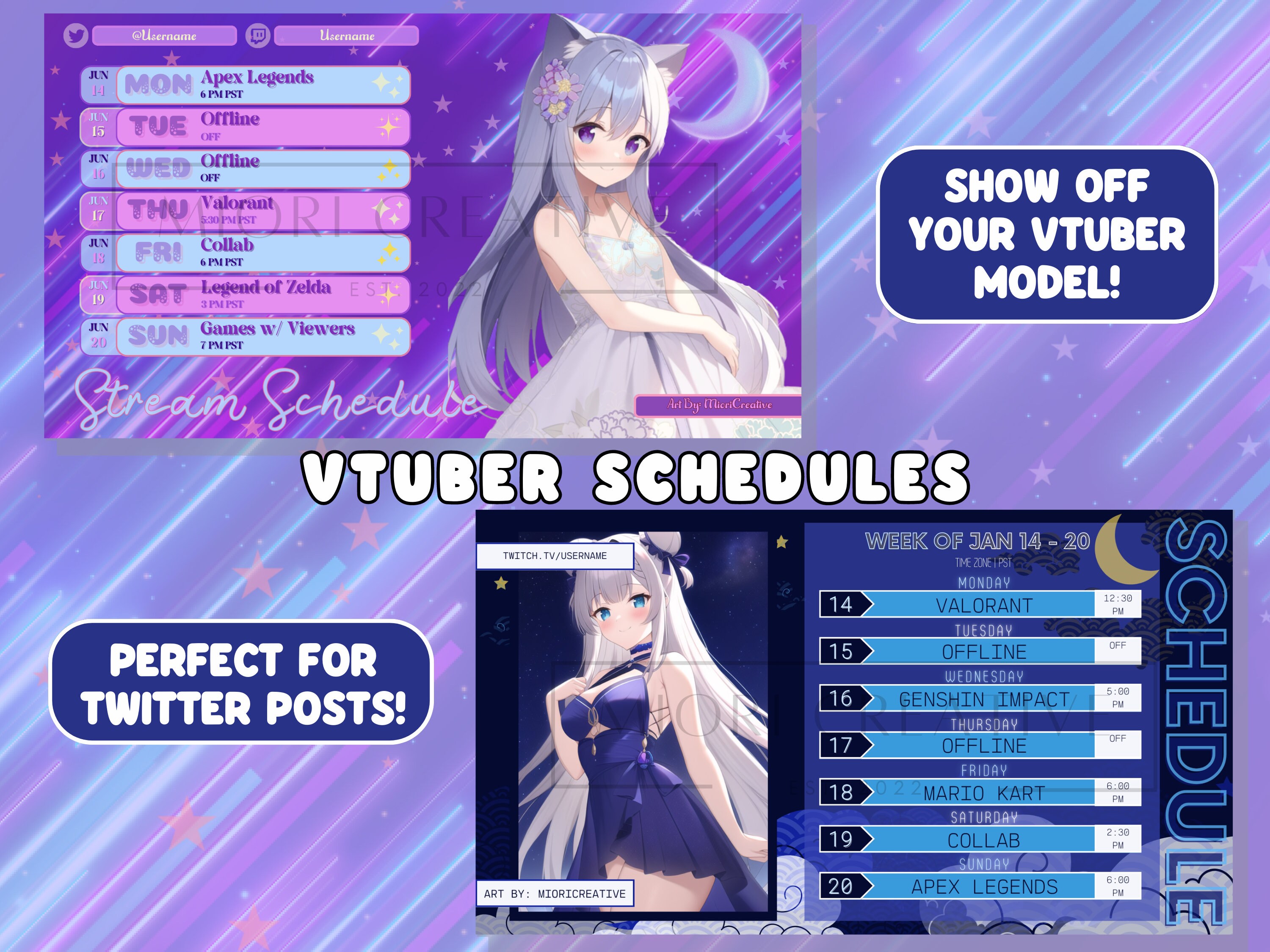 2-pack Moon Vtuber Schedule Template Twitch Stream Schedule - Etsy