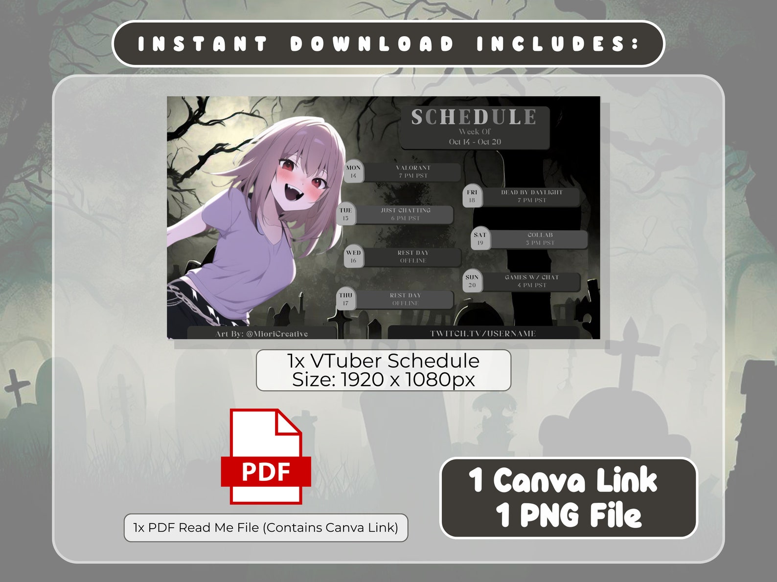 Spooky Gothic Vtuber Twitch/kick Stream Schedule Template (canva & PNG ...