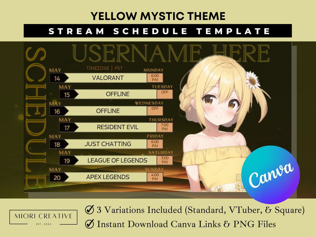 Yellow Vtuber Stream Schedule Template: Dark Mystic Theme (canva & PNG ...