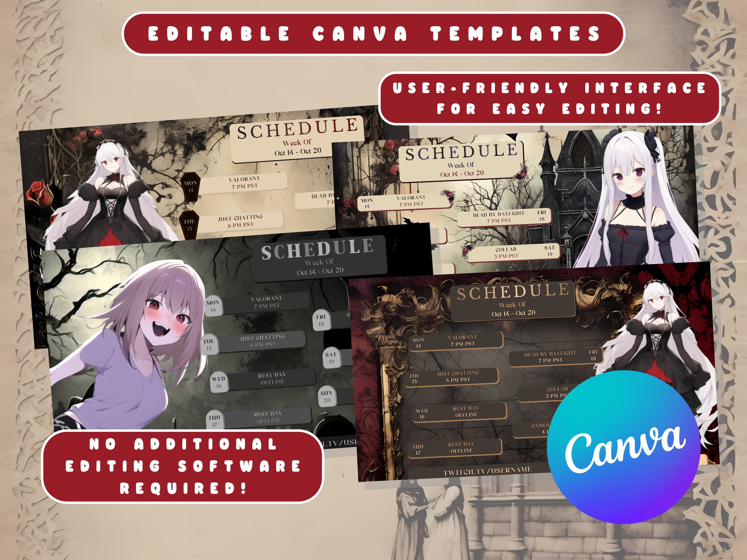 Gothic Vtuber Stream Schedule Bundle Dark Twitch Schedule Template ...